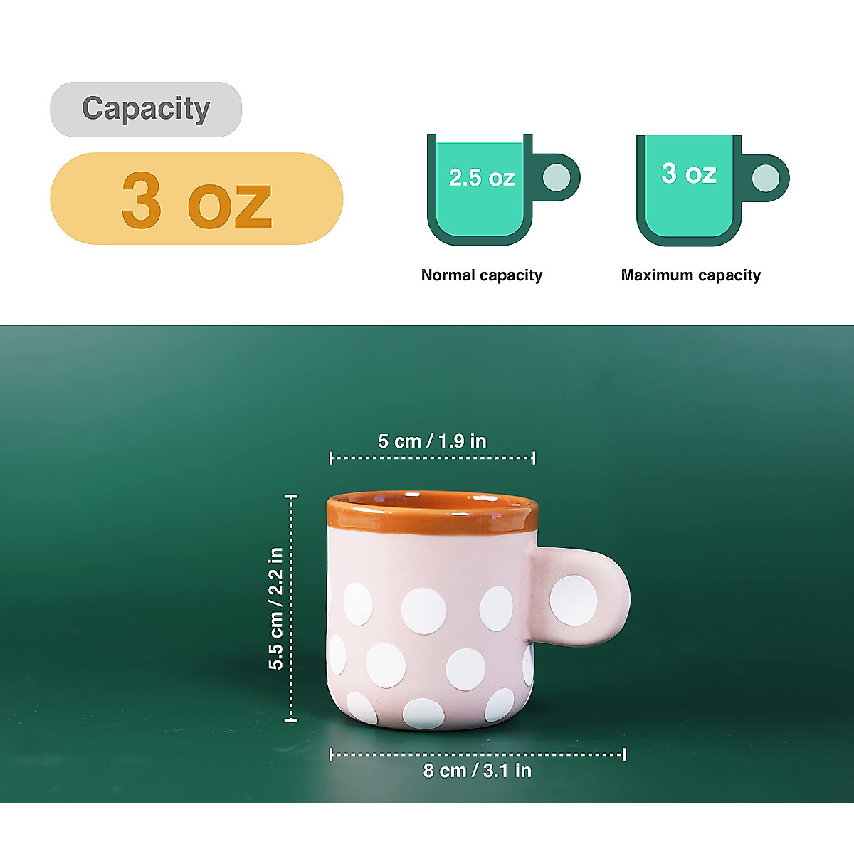 KAKI Espresso Cups Set of 2-3 Ounce, Clay Espresso Cups Pink with White Polka Dot, Handmade Expresso Coffee Cup for Coffee Lovers, Gifts for Mom, Dad or Friends (Pack 2)