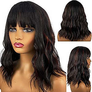 MIMISERVICE Black Short Wavy Wig with Bangs for Women Shoulder Length Black with Brown Bob Curly Women's Charming Synthetic Wigs with Natural Wavy Heat Resistant Hair for Daily Party Use