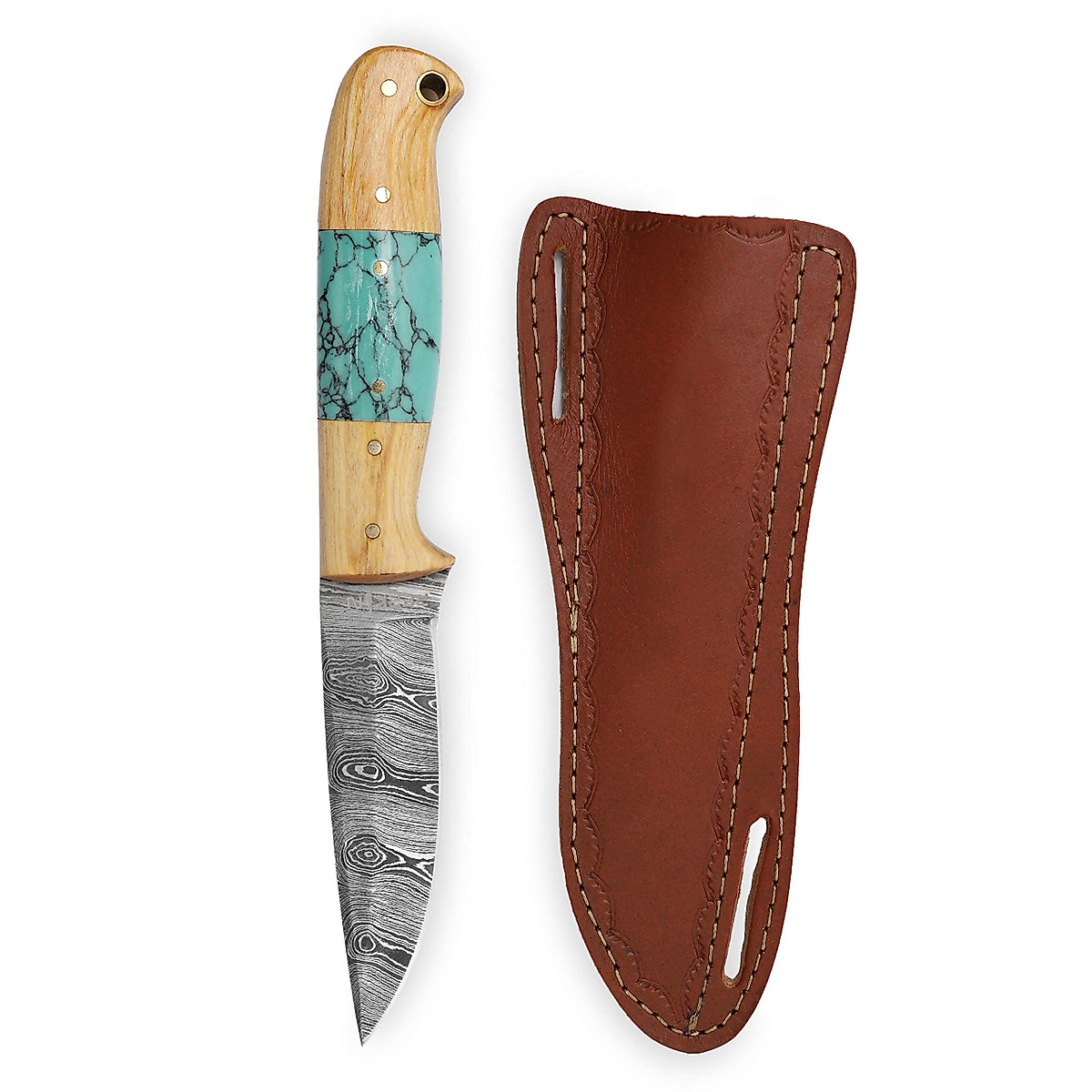 Perkin Damascus Hunting Knife With Sheath Fixed Blade Knife Bushcraft Knife Full Tang - T100