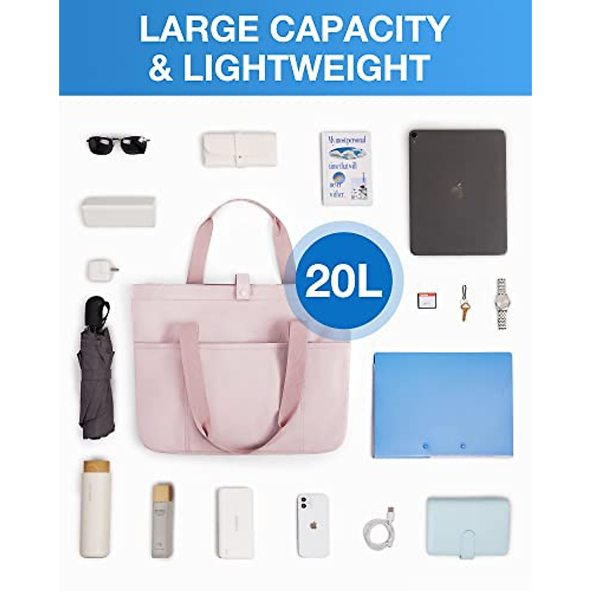 BAGSMART Tote Bag for Women, Foldable Tote Bag With Zipper Large Shoulder Bag Top Handle Handbag for Travel, Work (Pink)