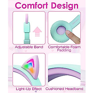 FosPower Kids Headphones with LED Cat Ears, 3.5mm On-Ear Wired Headset with Laced Cables for iPad/Smartphones/PC/Kindle/Tablet/Laptop/School (Max Volume 85dB) - Teal/Light Purple