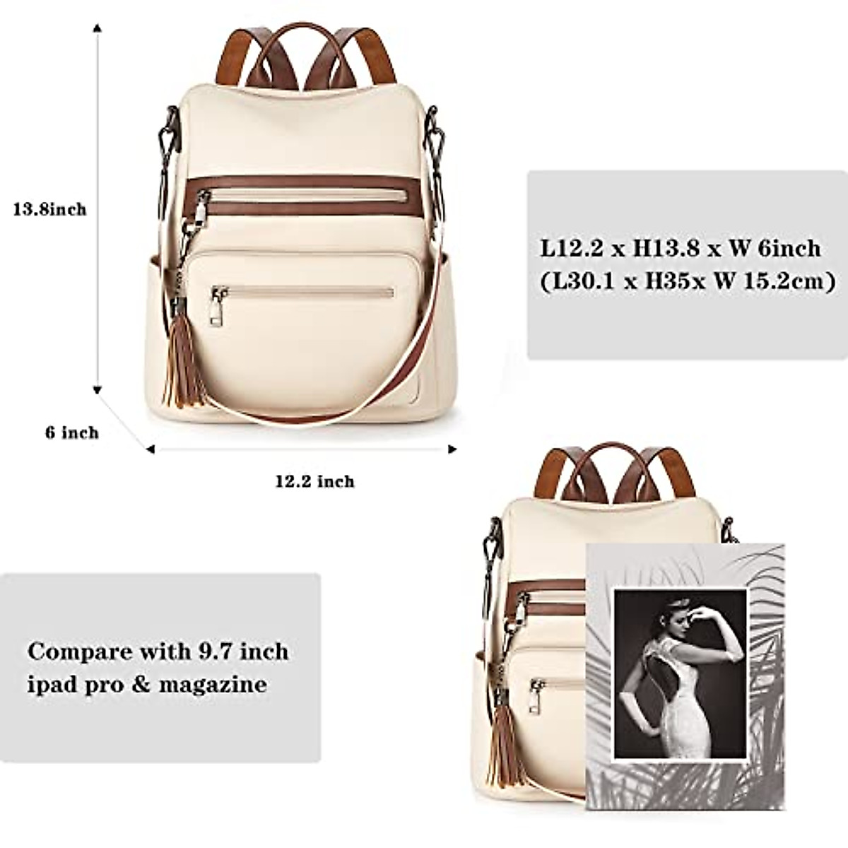 Telena Womens Backpack Purse Vegan Leather Large Travel Backpack College Shoulder Bag with Tassel Beige-Brown