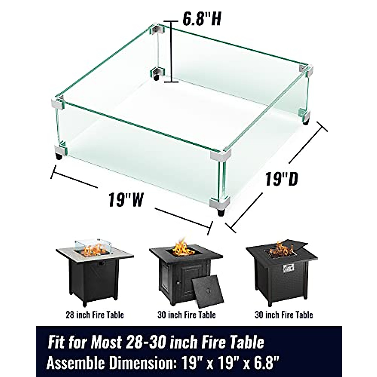 NUPICK Fire Pit Wind Guard, 19 inch Square Wind Guard for 28-32 inch Fire Pit Table, 5/16 Inch Thickness Clear Tempered Glass