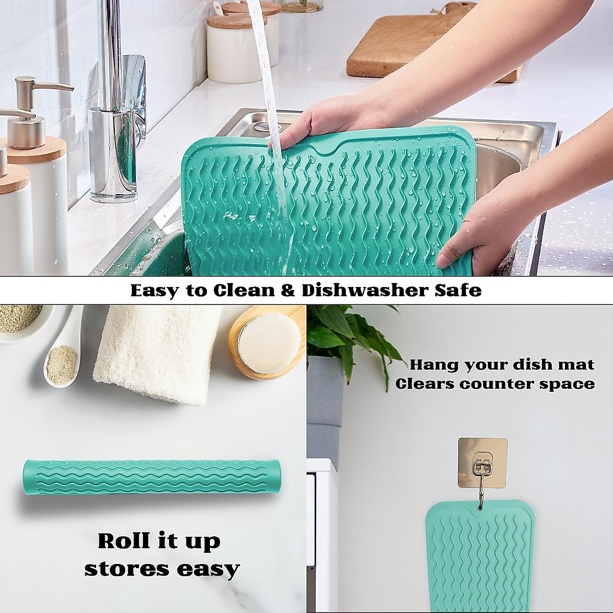ZLR Silicone Dish Drying Mat for Kitchen Counter, Eco-Friendly Quick Dry Dish Mat, Easy Clean Multi Usage Drying Matt, Heat Resistant Trivet, 12" x 16" Large, Mint Green