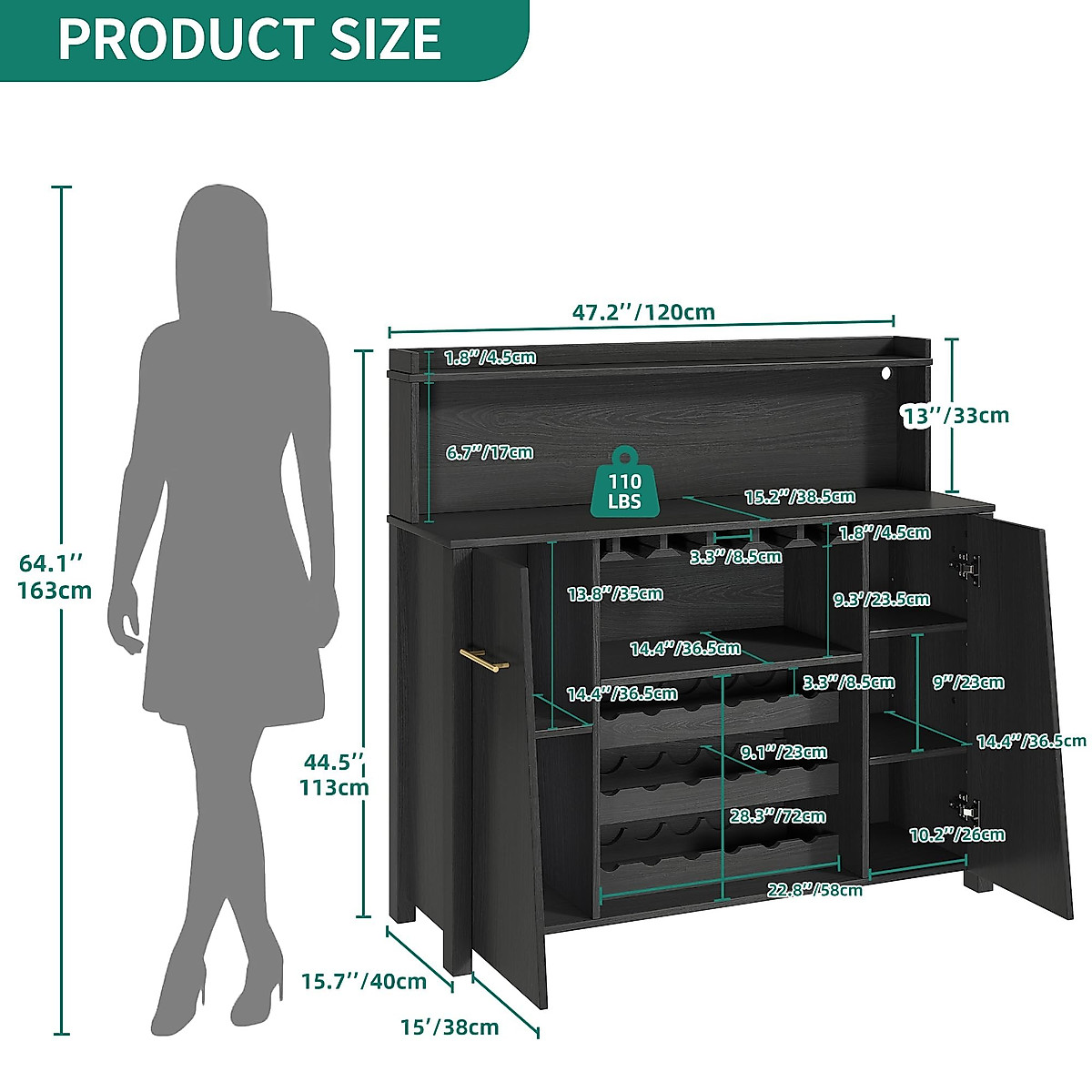 DWVO Bar Cabinet with LED Lights, 47'' Sideboard Buffet Coffee Bar Cabinet with Wine Rack and Glass Holder, Liquor Cabinet with Adjustable Shelf for Living Room, Kitchen, Dining Room, Black