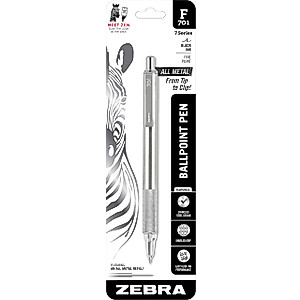 Zebra Pen F-701 Retractable Ballpoint Pen, Stainless Steel Barrel, Fine Point, 0.8mm, Black Ink, 1-Pack