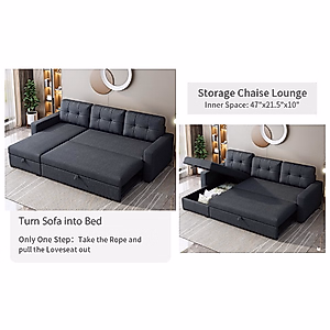 Favfurish 81.5" Sectional Sleeper Sofa with Storage Chaise, L Shaped Pull Out Couch Bed with 3 Removable Back Cushion for Living Room,Apartment,Office, Dark Grey