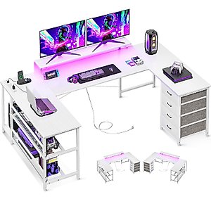 ODK U Shaped Desk with Power Outlets & LED Strip & Monitor Stand, 66" Reversible L Shaped Desk with Drawers and Storage Shelf, Home Office Gaming Desk, All White