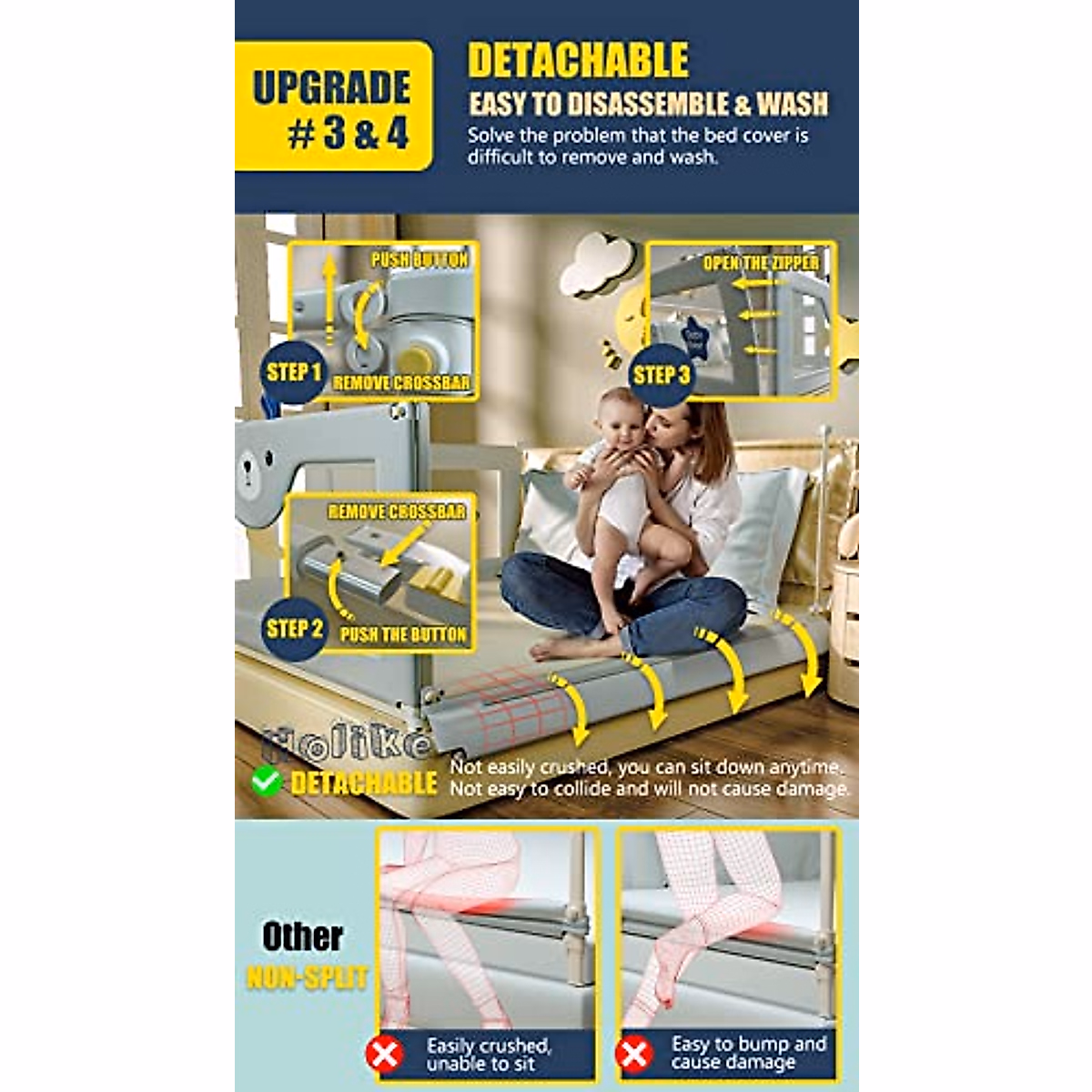 HOLIKE Bed Rails for Toddlers - 60" 70" 80" Extra Long Baby Bed Rail Guard (1 Side: 70''(L) x 30"(H), Only 1 Side)