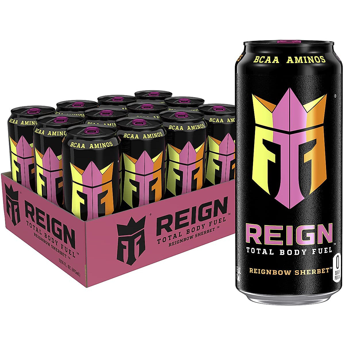 REIGN Total Body Fuel, Reignbow Sherbet, Fitness & Performance Drink, 16 Fl Oz (Pack of 12)