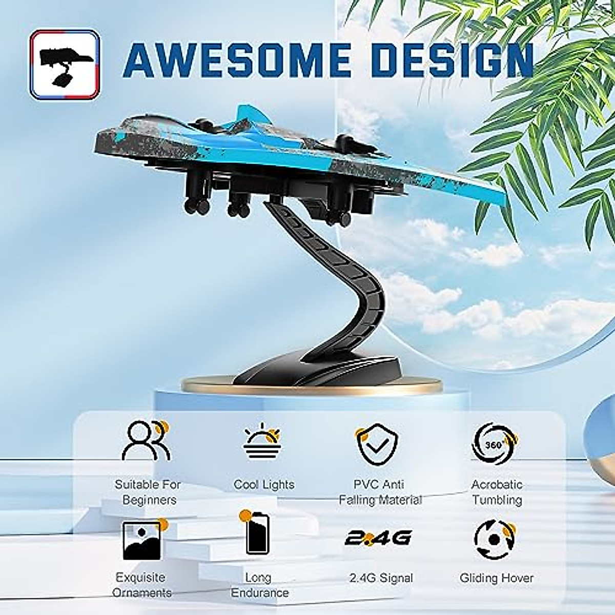 Trulloyoo Remote Control Drone for Beginners，RC Quadcopter Aircraft for Adults & Kids, B21 Fighter 2.4GHz 4-Channel Stunt Planes Airplane Toys with LED Lights, Birthday Boys Girls (Blue)