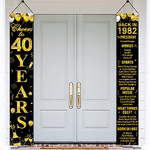 40th Birthday Door Banner Decorations for Women Men, 2Pcs Black Gold Cheers to 40 Years Back in 1982 Backdrop Party Supplies, Happy 40 Year Old Birthday Door Porch Decor Sign