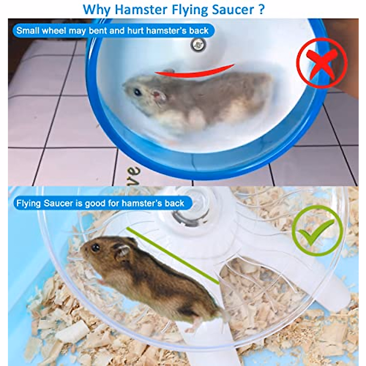 Hamster Flying Saucer, Hamster Wheel Mouse Spinner Wheel with Guinea Pig Water Feeder Bottle, Gerbils Ceramic Food Bowl, Total 3 Pack