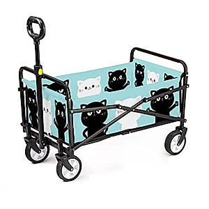 Collapsible Wagon Cart Black White cat icon Set Cute Kawaii Cartoon Character Funny Kitten Foldable Utility Wagon Large Capacity Garden Cart with Push Bar for Beach Camp Outdoor Shopping