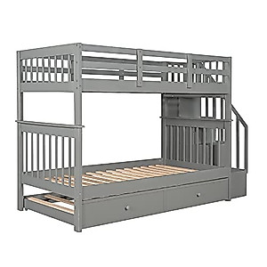 Twin Over Twin Bunk Bed with Trundle and Stairs, Solid Wood Bunk Beds Frame with Storage for Kids, Teens, Adults, Bedroom, Dorm. No Box Spring Needed (Gray)