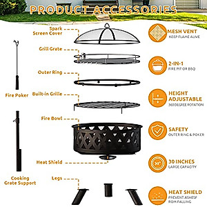 Amopatio Fire Pit for Outside, 30 Inch Large Outdoor Wood Burning Fire Pits, Patio Backyard Firepit with Steel BBQ Grill Cooking Grate, Spark Screen & Poker for Garden, Bonfire, Camping, Picnic