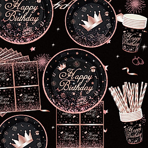 225 PCS Black and Rose Gold Party Decoration Black Rose Gold Dinnerware Set Rose Gold & Black Party Supplies Rose Gold and Black Birthday Party Supplies-Plates, Banners, Balloons, Tablecloth Serves 20
