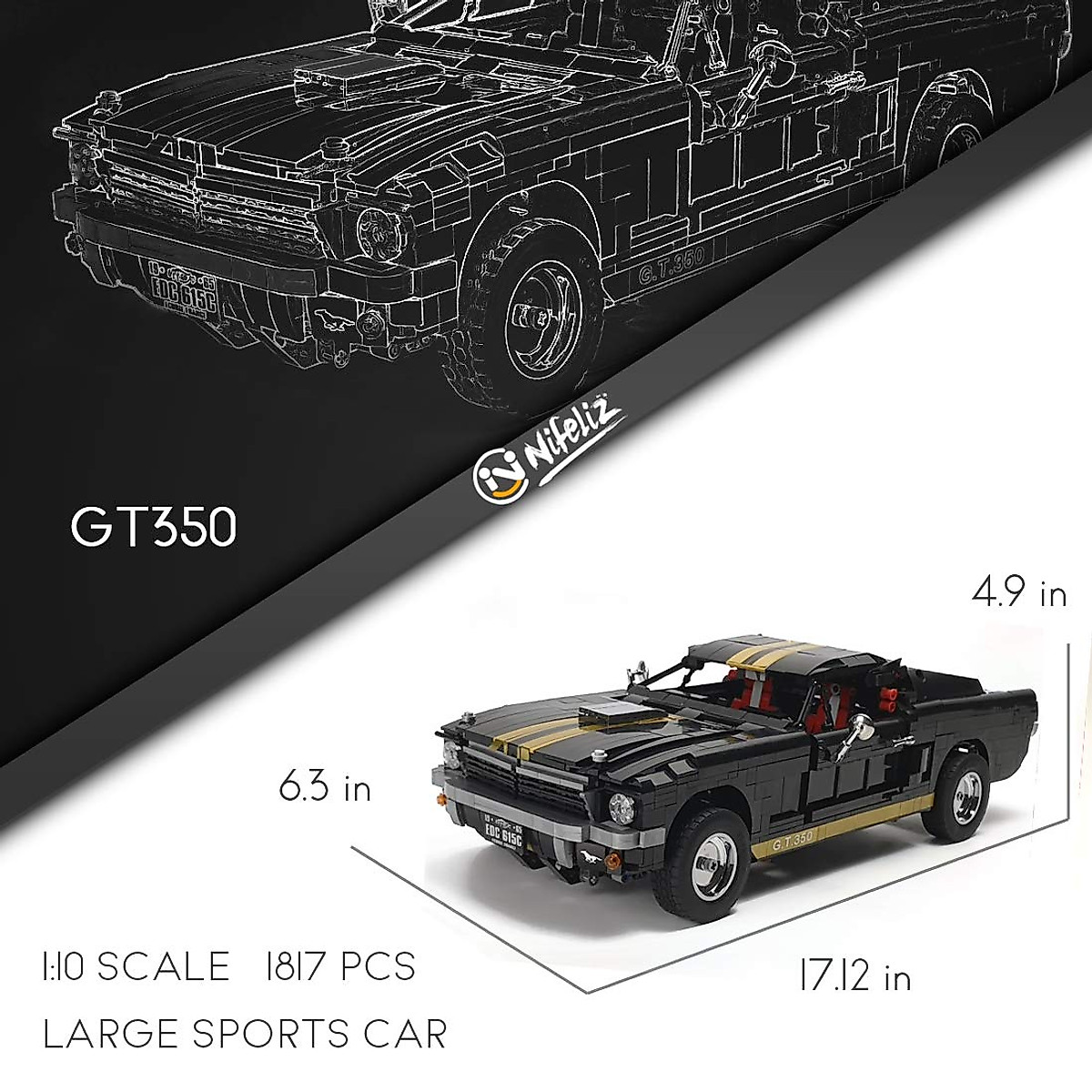 Nifeliz Muscle Car 1965s GT350 Race Car Building Set (1,817 Pieces)