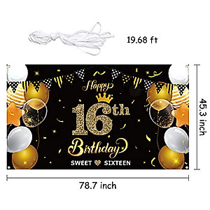 WATINC Happy 16th Birthday Backdrop Banner Background Banners 78” x 45” XtraLarge Backdrops Balloons Black Gold Party Decorations Supplies for Indoor Outdoor Photo Booth Props