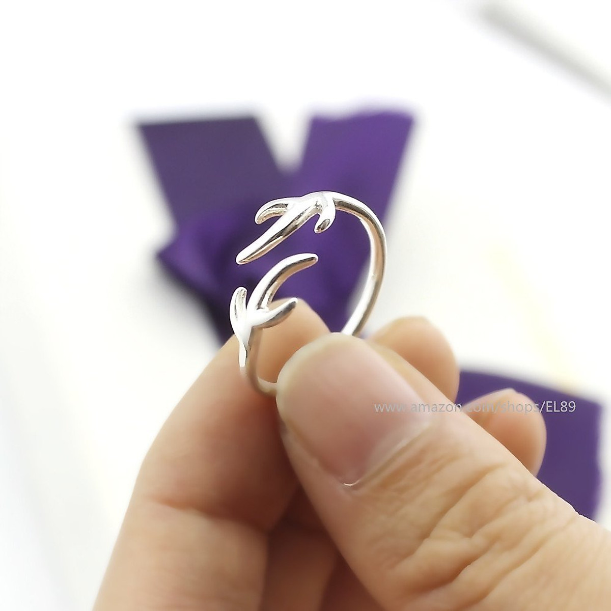 ELBLUVF 925 Sterling Silver Deer Adjustable Antler Ring 1.4g (Small Size)