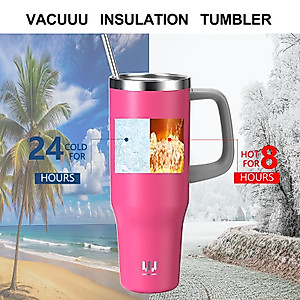 40 oz Insulated Tumbler with Handle, Stainless Steel Straw and silicone sleeves, Leakproof Travel Mug for Water, Iced Tea or Coffee, Insulated Cup Gifts for Women & Men, Strawberry Red