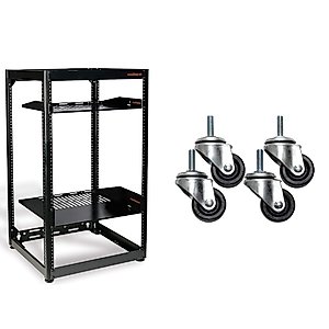 ECHOGEAR 20U Open Frame Rack & Caster Kit - Heavy Duty 4 Post Design Includes 2 Vented Shelves - Add Wheels to Your Serve Rack in Minutes