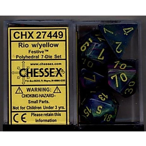 Chessex Dice: Polyhedral 7-Die Festive Dice Set - Rio Marble Swirl with Yellow Pips