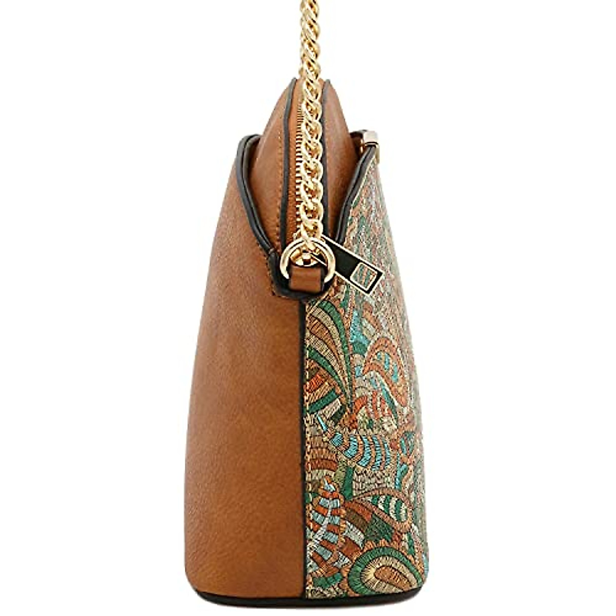 FashionPuzzle Paisley Print Small Dome Crossbody with Chain Strap (Tan/Tan)