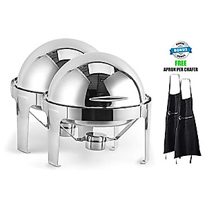 2 Pack 6 QT Round Roll Top Chafing Dish Chafer, Stainless Steel, Each Set Includes Food Pan, Water Pan, Fuel Holder, and Apron- Durable, shiny silver, keeps food warm in catered events