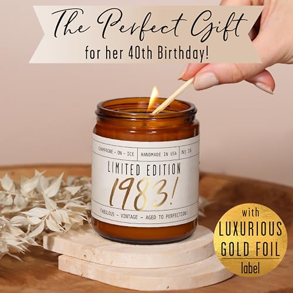 40th Birthday Gifts for Women Unique - 'Limited Edition 1983' Soy, w/Champagne on Ice I 40 Birthday Gifts for Women I 40 Year Old Birthday Gifts for Women I 9oz Reusable Jar, 50Hr Burn, Made in USA