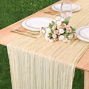TuTive Cheesecloth Table Runner 13.3FT Long Boho Table Runner Vintage Rustic Gauze Wedding Dining Table Decorations for Holiday Birthday Party Baby Shower Event Decorations (Beige,35x160 Inch)