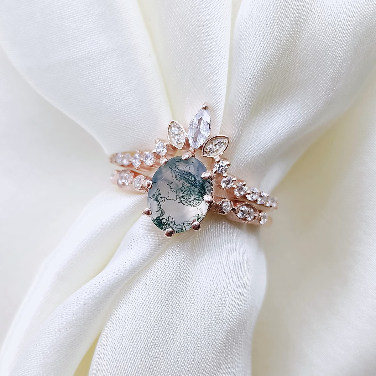Natural Moss Agate Ring Set For Women Pear Oval Shaped Gold Ring Silver Ring Delicate Ring Stacking Ring Promise Ring For Women's Birthday Gift By FOREVER GEMS & JEWELS, Rose Gold,White,Green,Silver