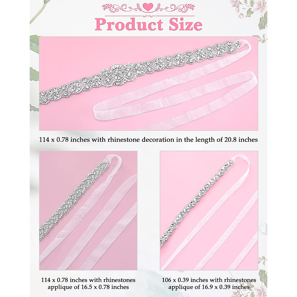 Sintege 3 Pcs Rhinestone Wedding Dress Belts Crystal Bridal Sash Belts Diamond Ribbon Belts for Women Bridal Bridesmaid