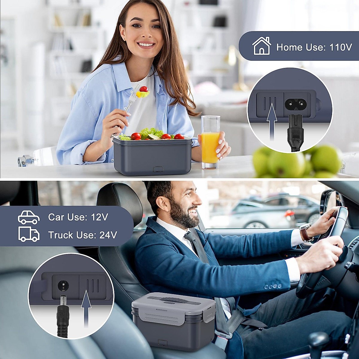 Vabaso Electric Lunch Box for Adults, 100W Heated Lunch Box for Car/Truck Home/Work, Portable Food Warmer Heating Lunch Box with 1.8L/61oz Stainless Steel Container, 12V/24V/110V/220V