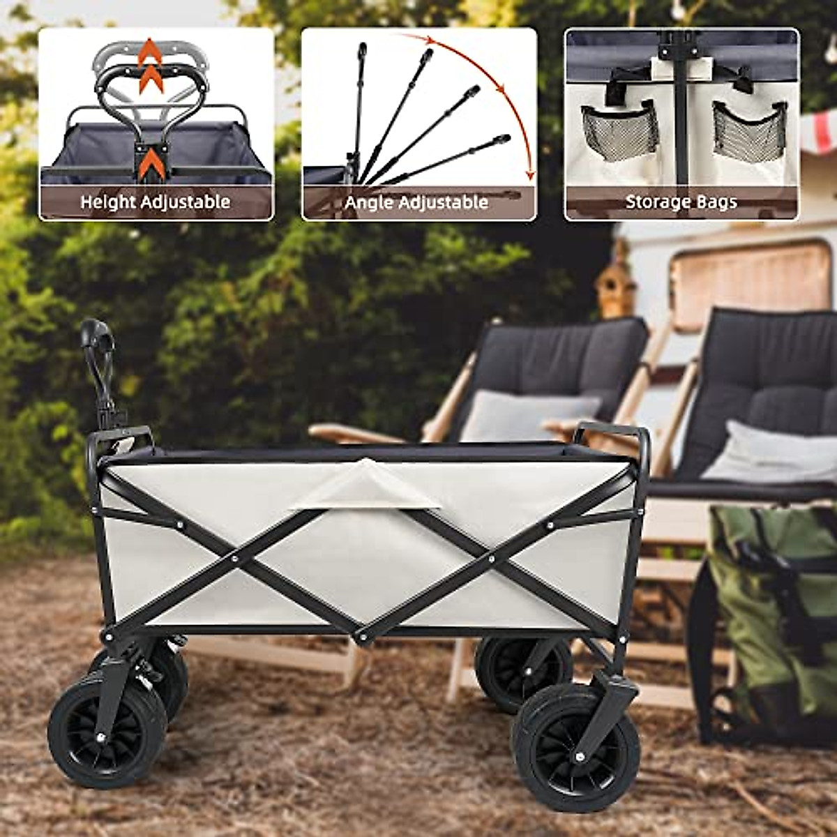 COOZMENT All Terrain Utility Wagon,Folding Wagon Heavy Duty,Collapsible Folding Wagon Cart with Big Wheels,Beach Wagon Cart with 280lbs Weight Capacity,Lounge Wagon for Camping Sports Outdoor(Beige)