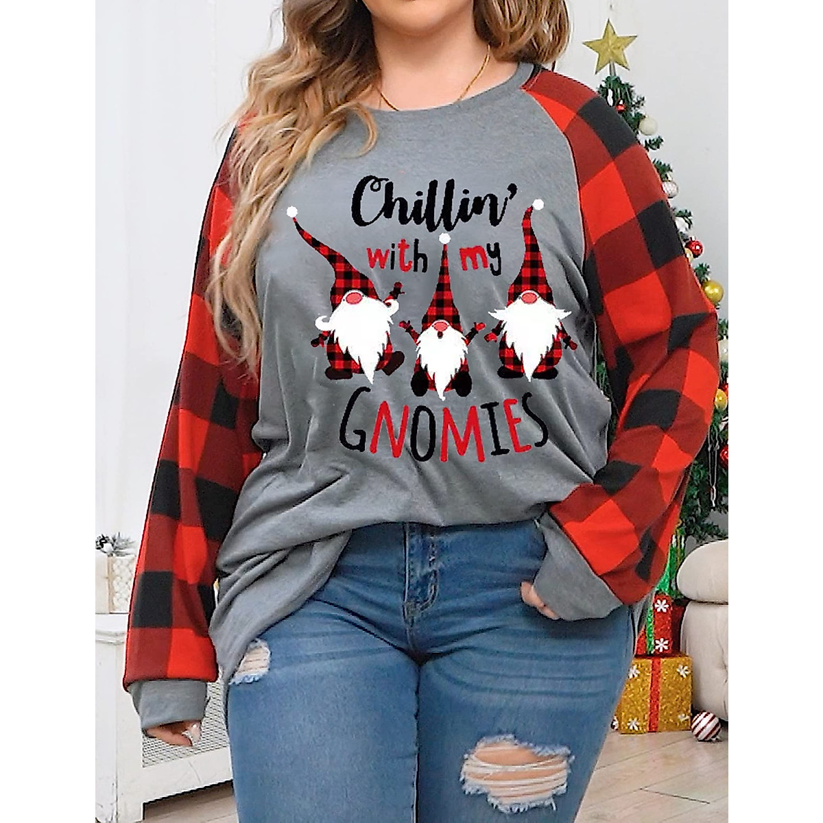 SECETKET Gnome Christmas Shirts for Women Plus Size Christmas Shirt Buffalo Plaid Long Sleeve Tee Holiday Xmas Tops(P5,XL)