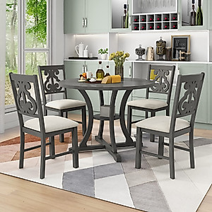 5 Piece Kitchen Table Set with Storage Shelf and Special-Shaped Legs, Retro Style Round Dining Table Set with Hollow Chair Back, Gray