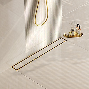 Neodrain 24-Inch Gold Linear Shower Drain, 2-in-1 Flat & Tile Insert Cover, Stainless Steel Linear Drain, Brushed Brass Rectangle Shower Floor Drain with Hair Strainer, Watermark&CUPC Certified