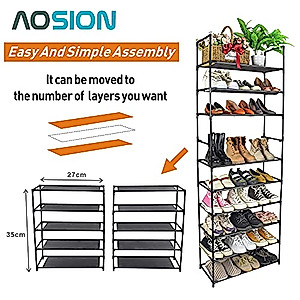 AOSION 10 Tier Shoe Rack,Shoe Rack for Closet,30-50 Pairs Tall Shoe Rack Organizer with Hooks,Large Shoe Rack with Removable,Space Saving Shoe Shelf,Non-Woven Fabric Shoe Tower,Black