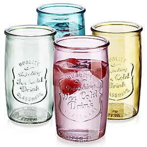 Glaver's Colored Glassware, Ice Cold Drinking Glasses Set of 4 – 20 Oz Vintage Drinking Glasses for Kitchen, Dining Table – Red, Yellow, Blue, and Green Glass Tumblers