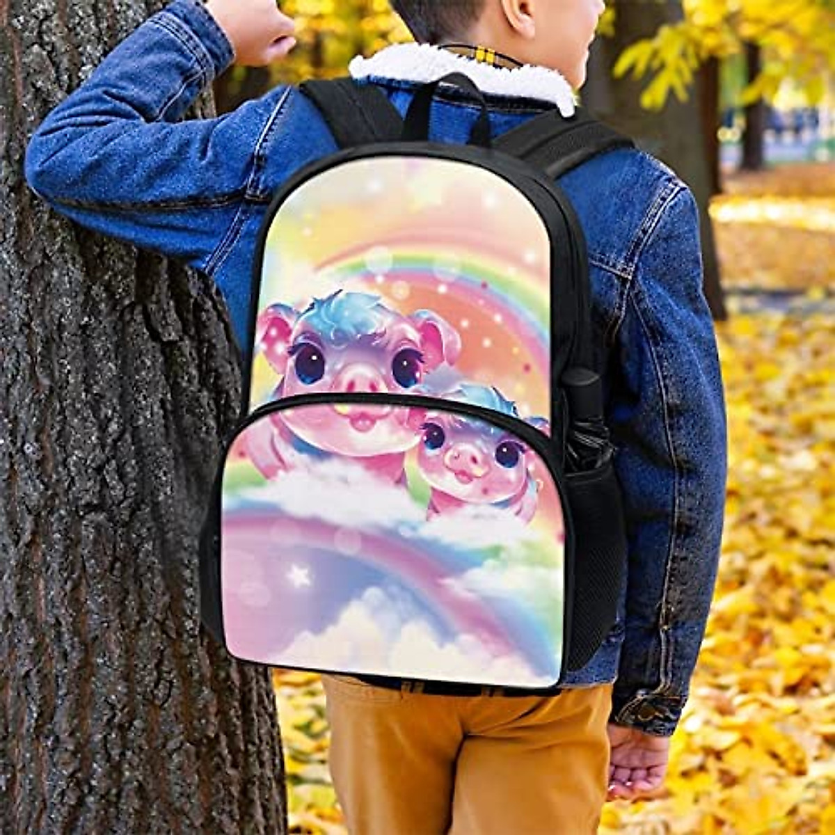 Allcute Kids Personalized Bookbag Fancy Cloud Rainbow Pig Print Backpack for School Student Adjustable Straps Girls Boys Padded Casual Backpack with Front Pocket Teens Daypack