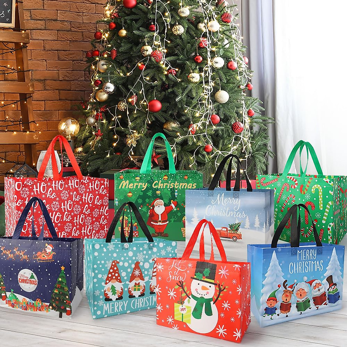 AKEROCK Large Christmas Gift Bags, Freestanding Christmas Bags with Handles and Paperboard, Reusable Xmas Gift Bags for Holiday Presents, Gift Giving, Shopping - 8 Pcs, 2 Different Sizes