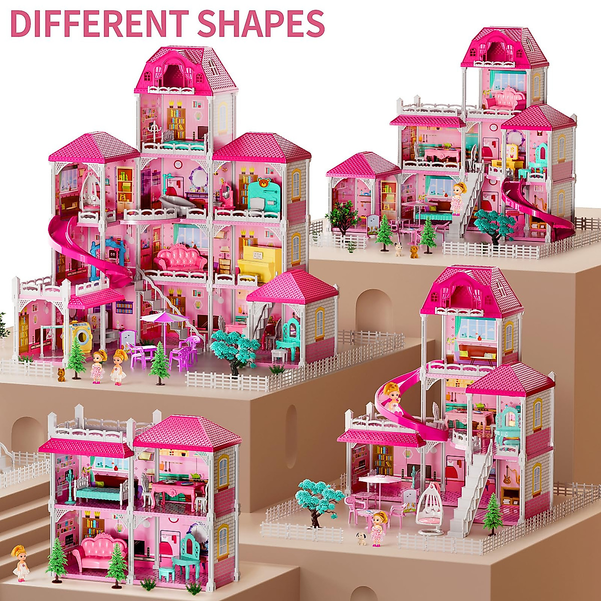 TEMI Villa Toys for 3 4 5 6 7 8 Years Old Girls - 4 Storeys 12 Rooms, Indoor Playset with 2 Dolls Toy Figures, Toys Furniture and Accessories, Pretend Girls Plays, Building Toys, Gifts Toy
