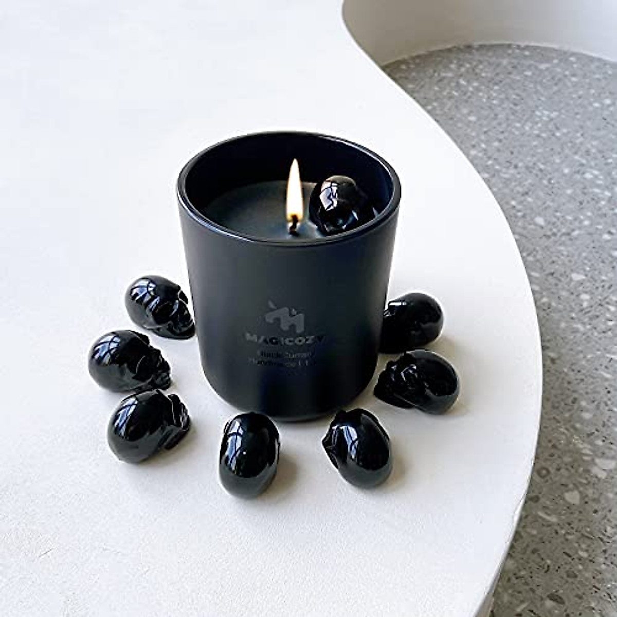 Scented Candles, Cool Candles, Black Candles, with Crystal Skull (Black Obsidian 1.5 inch), Skull Decor, Gothic Home Decor, Candles for Men, Halloween Candles, Gothic Décor, Skull Decorations