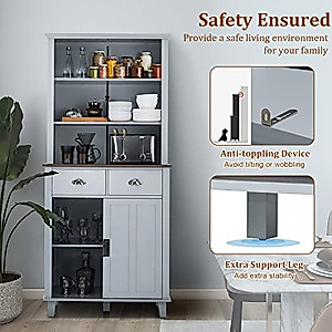 LOKO 67” Kitchen Pantry Storage Cabinet, Freestanding Buffet Sideboard with 3 Open Shelves, Microwave Countertop, 2 Pull-Out Drawers & Sliding Door Cabinet, Kitchen Hutch for Dining Room (Grey)