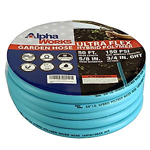 AlphaWorks Garden Water Hose 5/8" Inch x 50' Foot Heavy Duty Premium Commercial Ultra Flex Hybrid Polymer Lead-in Hose Max Pressure 150 PSI/10 BAR with 3/4" GHT Fittings