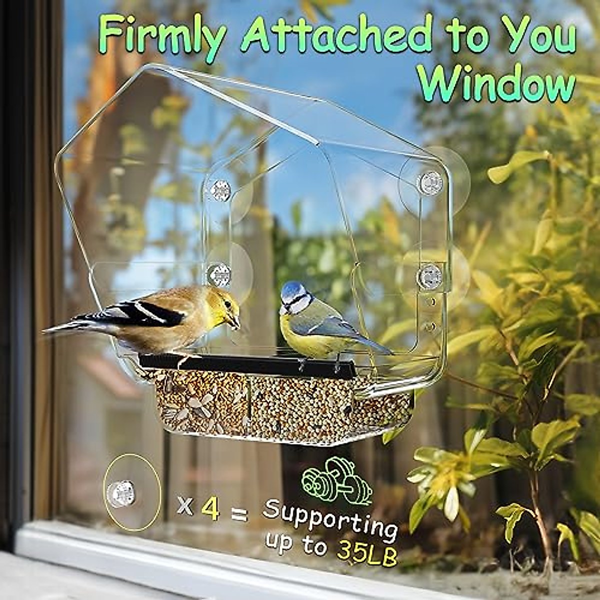 Ermete Window Bird Feeder with Strong Suction Cups, Large View Clear Bird Feeder Window, Adjustable Size Bird Window Feeder with Bird Seed Tray, Rain Proof Window Bird Feeders for Outside (S2)