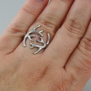 FashionJunkie4Life Sterling Silver Adjustable Textured Antler Ring, One Size, Deer Elk Moose Hunting