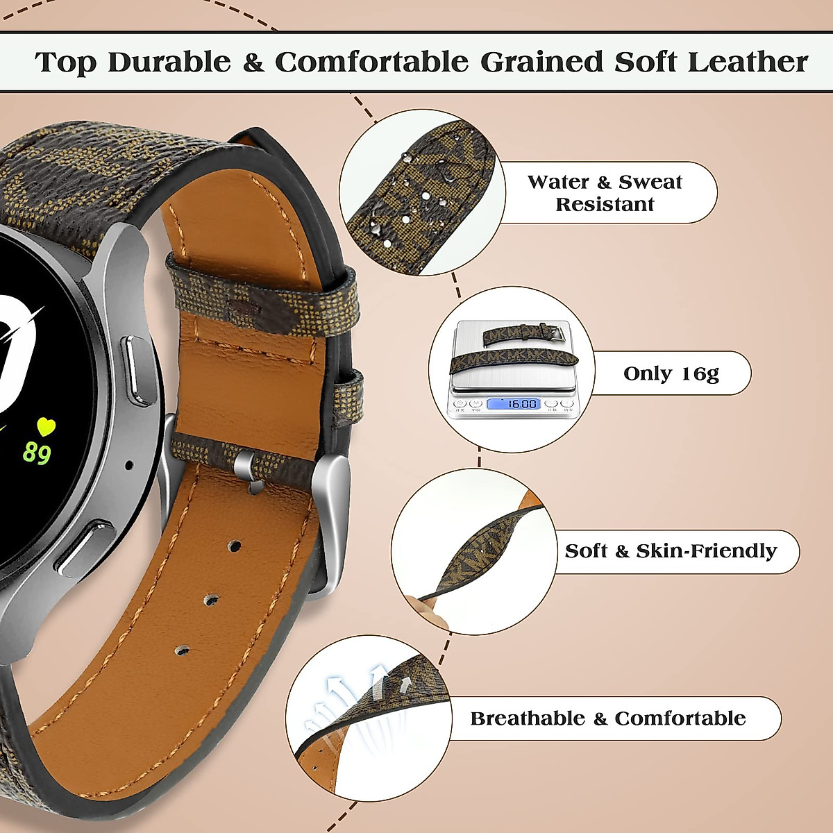 Leather Band Compatible with Samsung Galaxy Watch 6/5/4 40mm 44mm/6 Classic Band 43mm 47mm/4 Classic 42mm 46mm, 20mm Designer Classic Watch Wristbands for Active 2/3 41mm Women Men