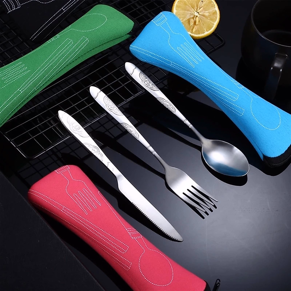 MEGTRI Kitchenutensils 3pcs/bag Steak Knife Travel Cutlery Set Portable Printed Stainless Steel Spoon Fork